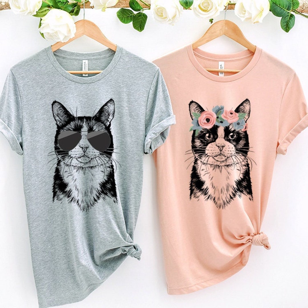 Tuxedo Cat Shirt, Floral or Sunglasses Cat Tshirt, Tee for Kitten Mom ...