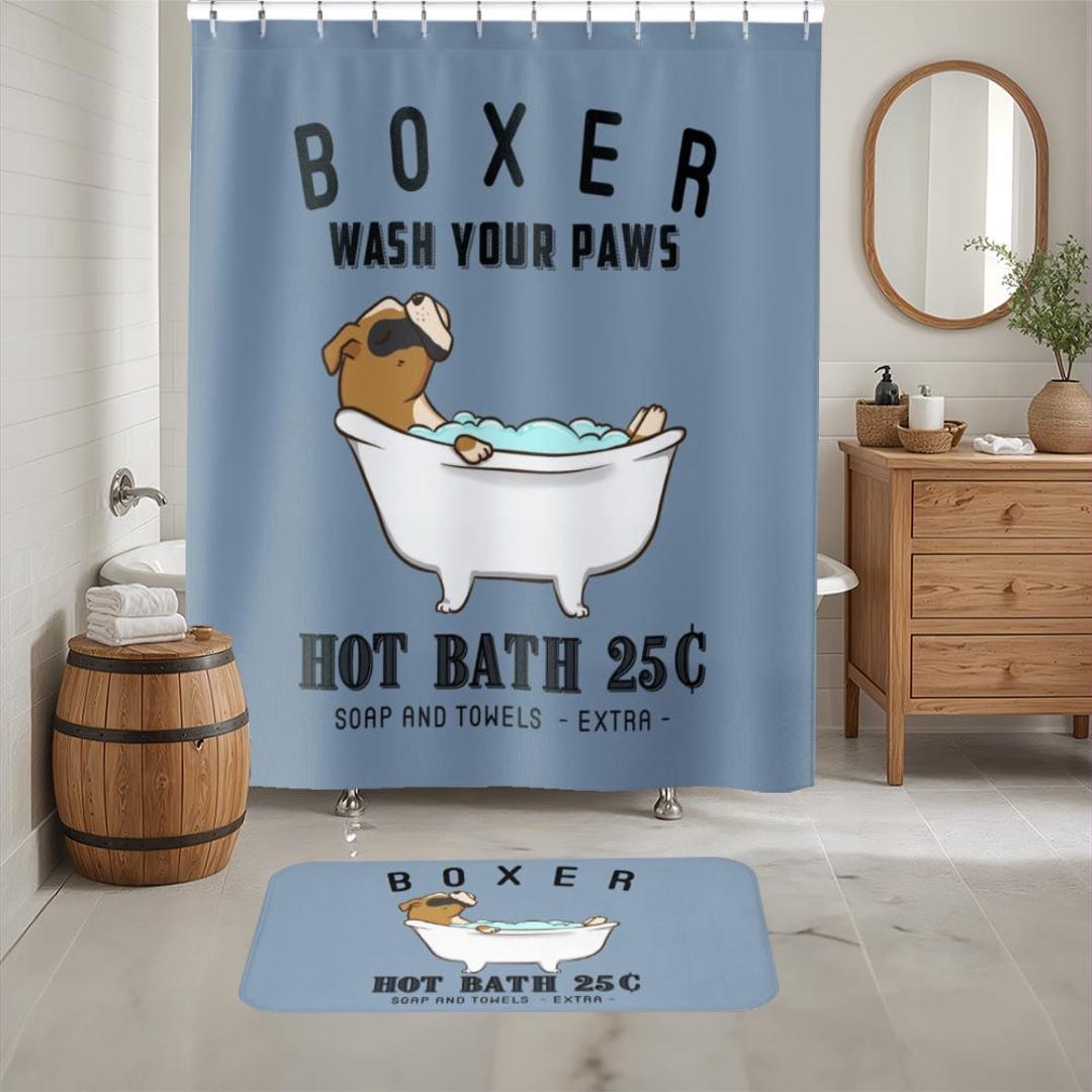 Boxer Dog Decor, Boxer Dog Shower Curtain, Bath Mat, Funny Dog Bathroom ...