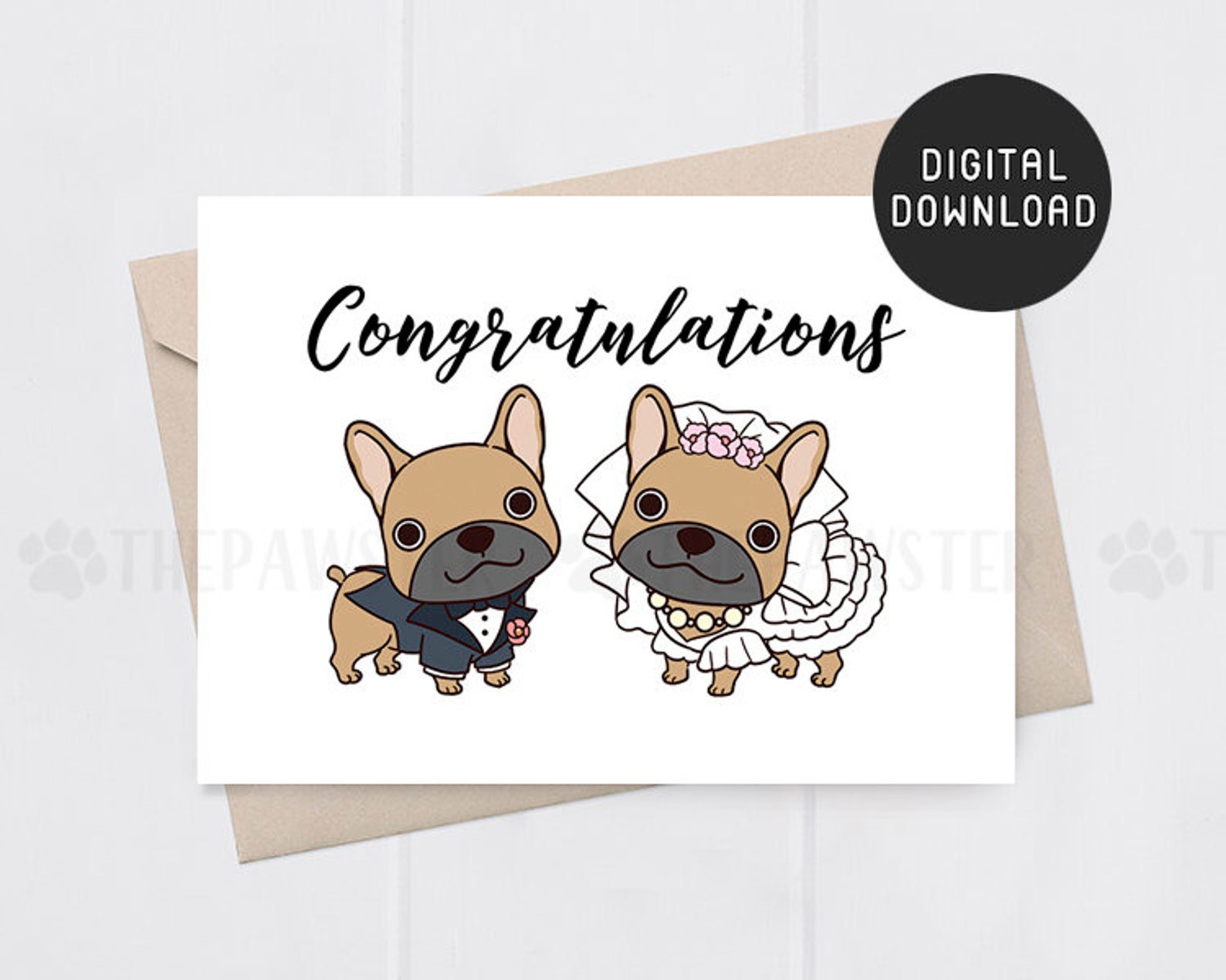PRINTABLE Wedding Card Congratulations, French Bulldog Newlywed Card ...