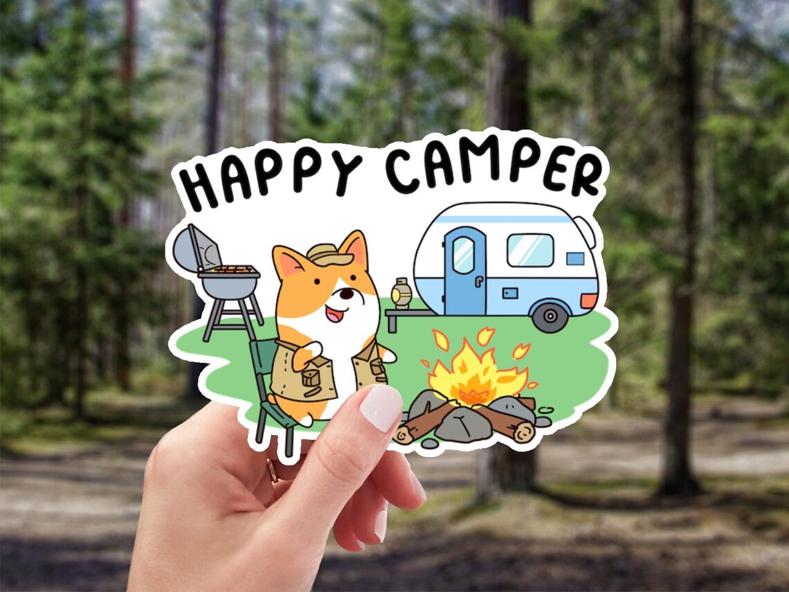 Corgi Happy Camper Sticker, Cute Dog Camping Stickers, Hiking, Outdoor ...