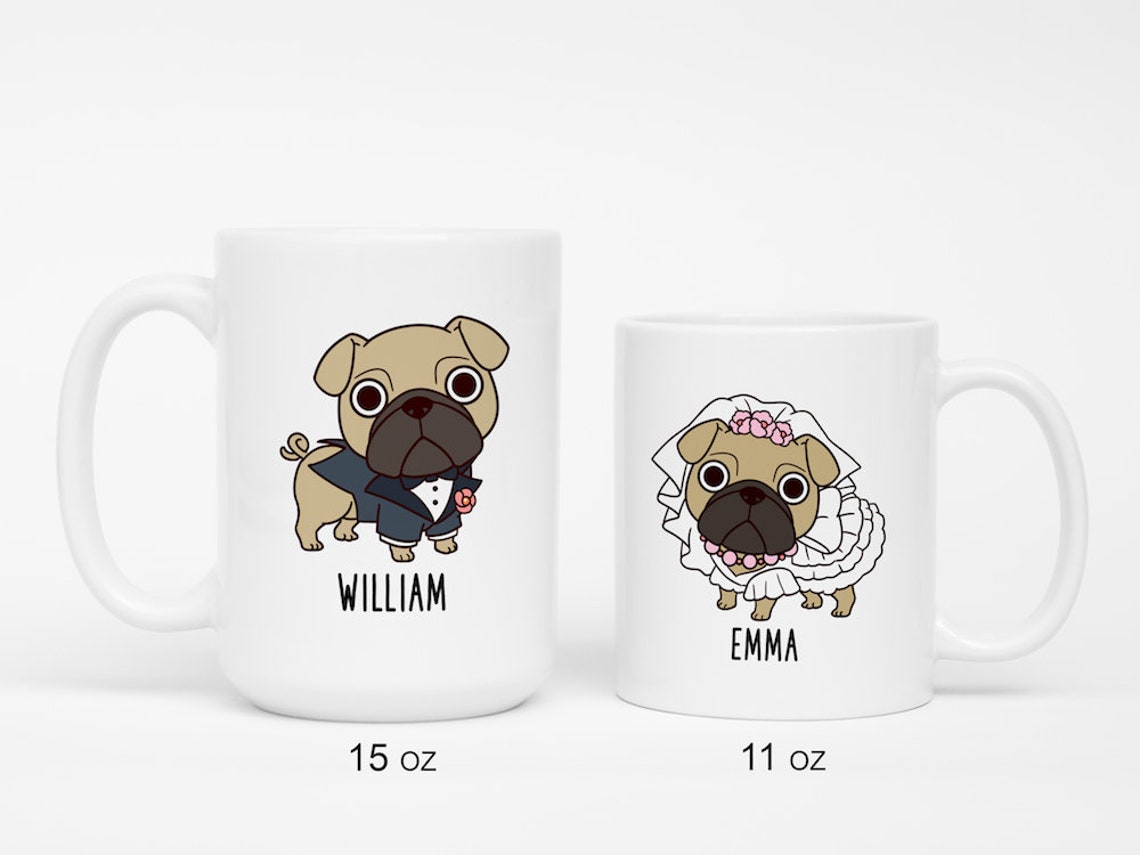 Personalized Bride and Groom Pug Mugs, Custom Name Coffee Mug, Dog ...