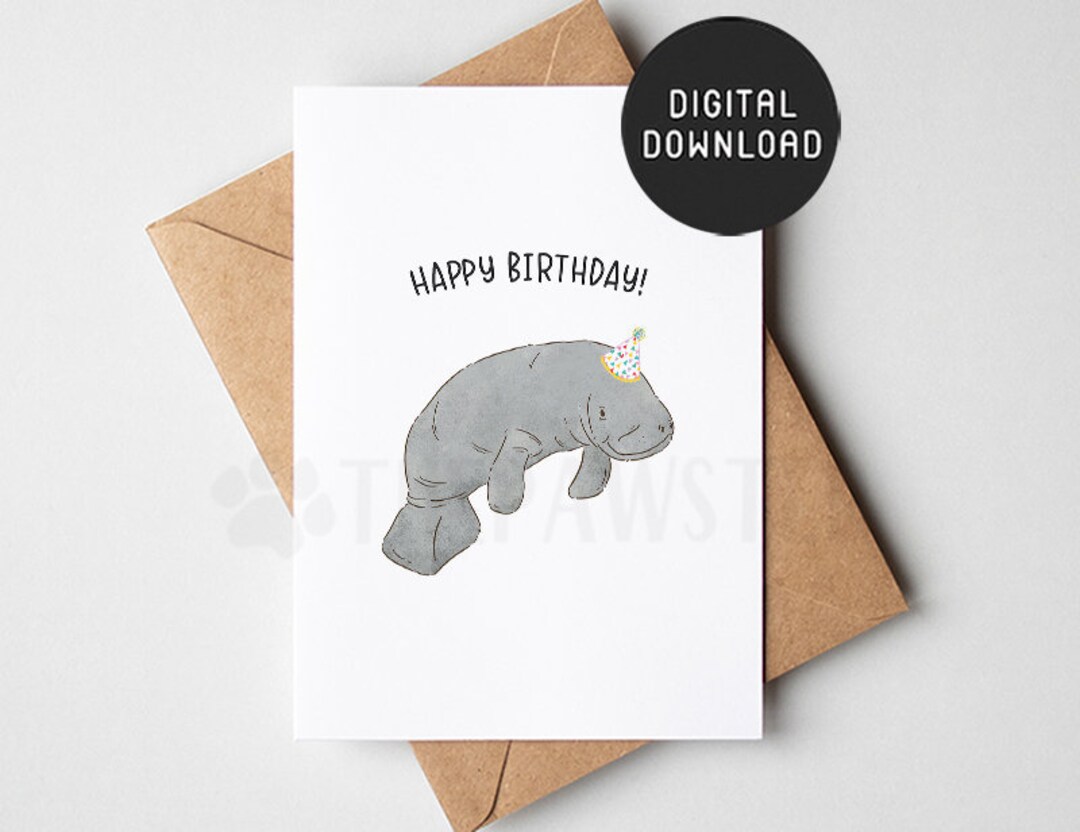 PRINTABLE Manatee Birthday Card, Sea Cow Animal Happy Birthday Card ...