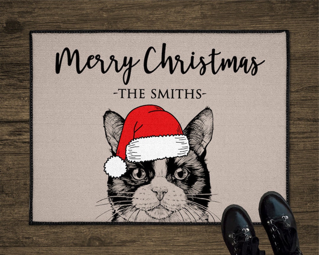 Tuxedo Cat Christmas Door Mat, Cat Custom Front Doormat, Personalized ...