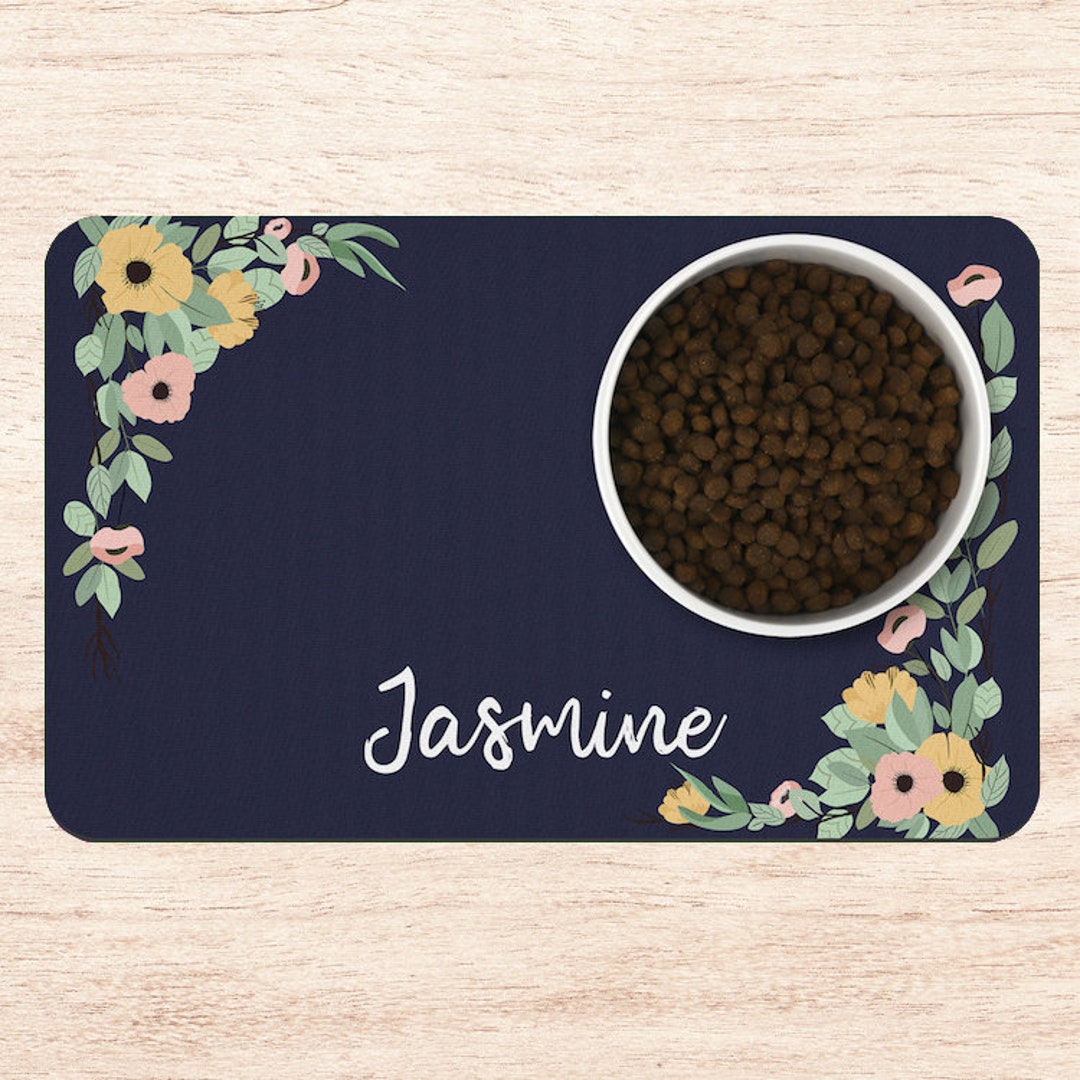 Navy Floral Dog Mat, Flower Personalized Dog Placemat, Custom Pet Food ...