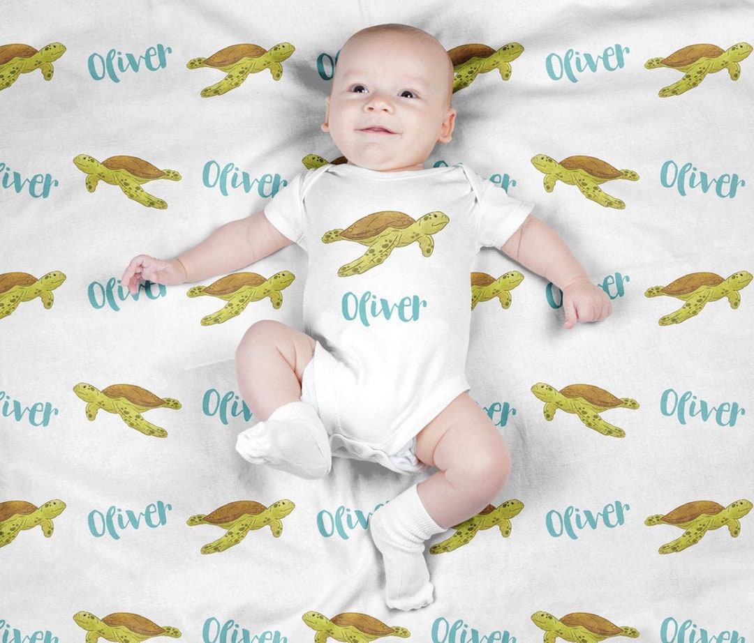 Personalized Baby Blanket, Custom Turtle Swaddle Blanket Set, Newborn ...
