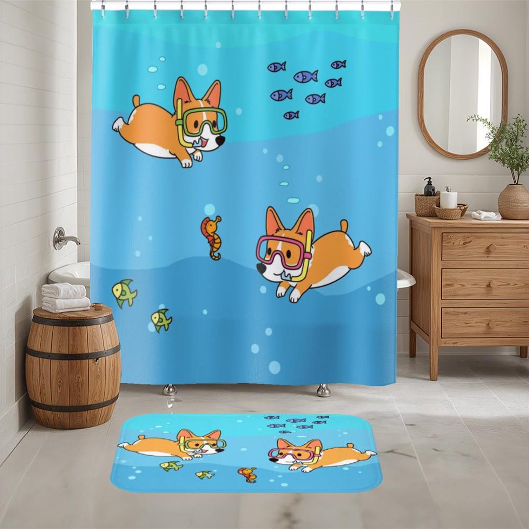 Diving Corgi Beach Decor, Corgi Shower Curtain, Bath Mat, Funny Dog ...