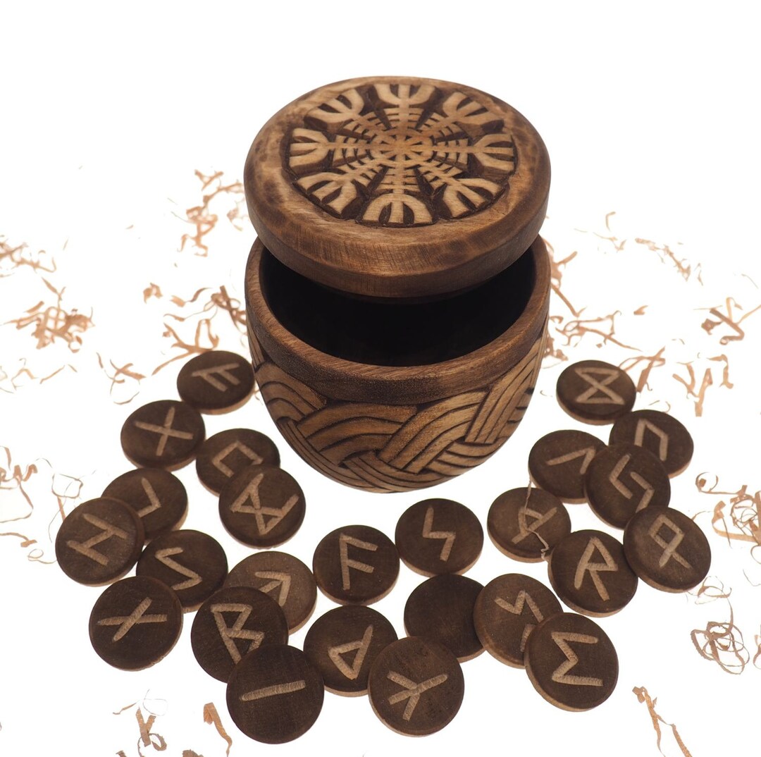 Viking Rune Set Hand Carved Box Aegishjalmur Norse Elder Futhark Runes ...
