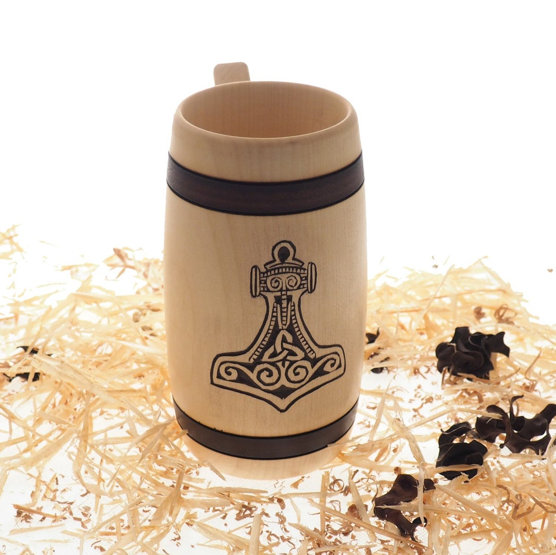 Hand Carved Wooden Beer Mug 0,7l 24 Oz With Mjolnir, Thor Hammer, Man ...