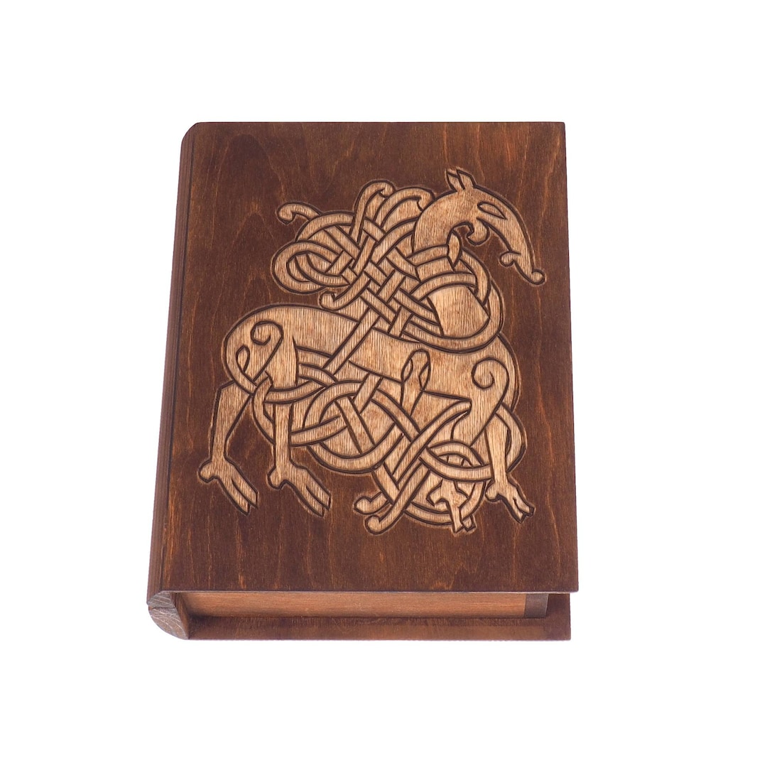 Personalized Hand Carved Medieval Box, Urnes Dragons Motive, Book Shape ...