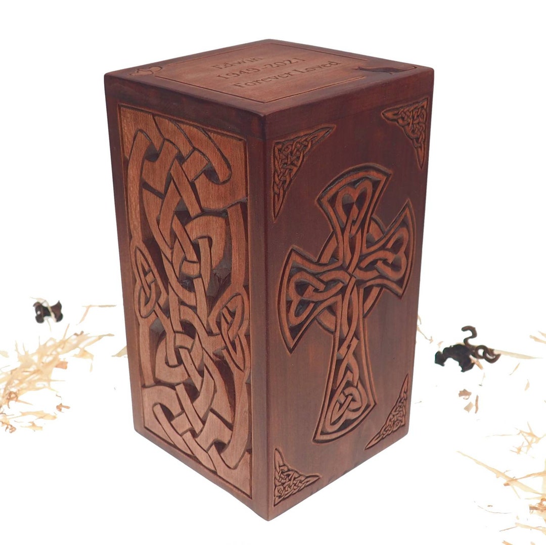 Personalized Wood Cremation Urn: Hand-carved Celtic Cross Memorial Box ...