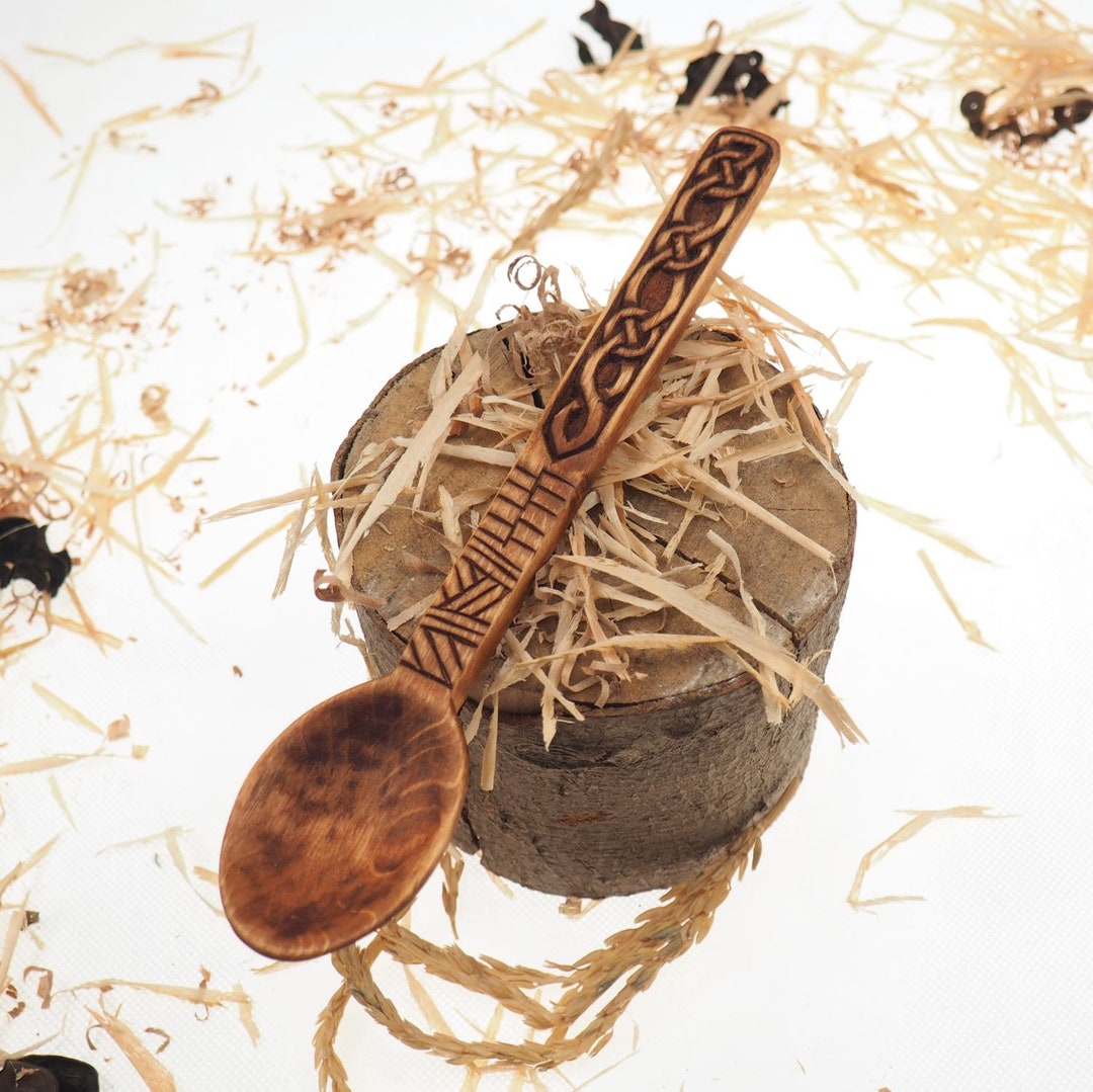 Wooden Hand Carved Spoon, Viking Pattern, Medieval Spoon,wood Cutlery ...