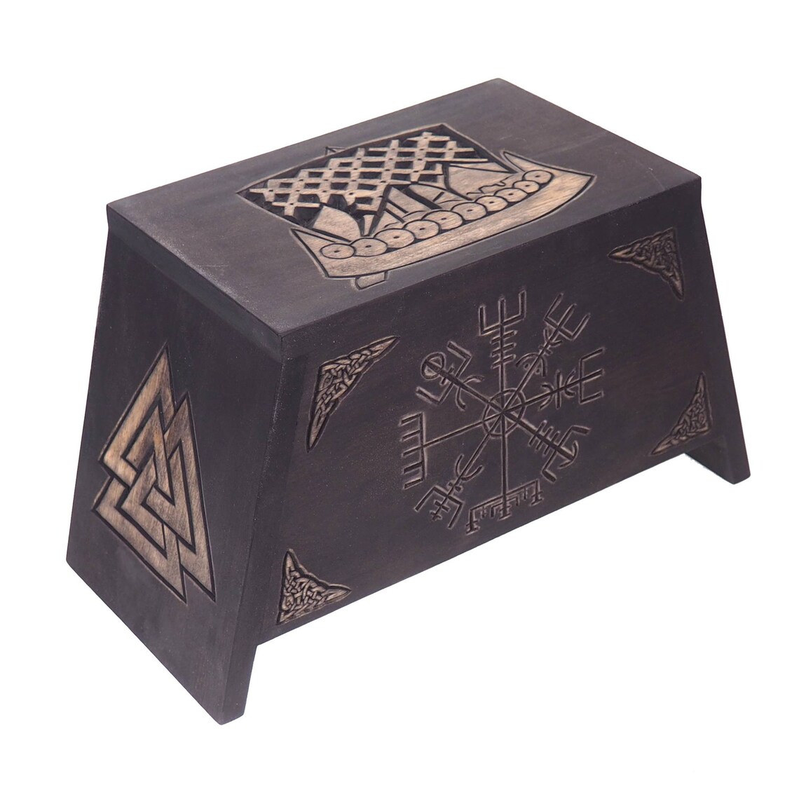Viking Personalized Wood Urn With Runic Compass, Ship, Hand Carved ...