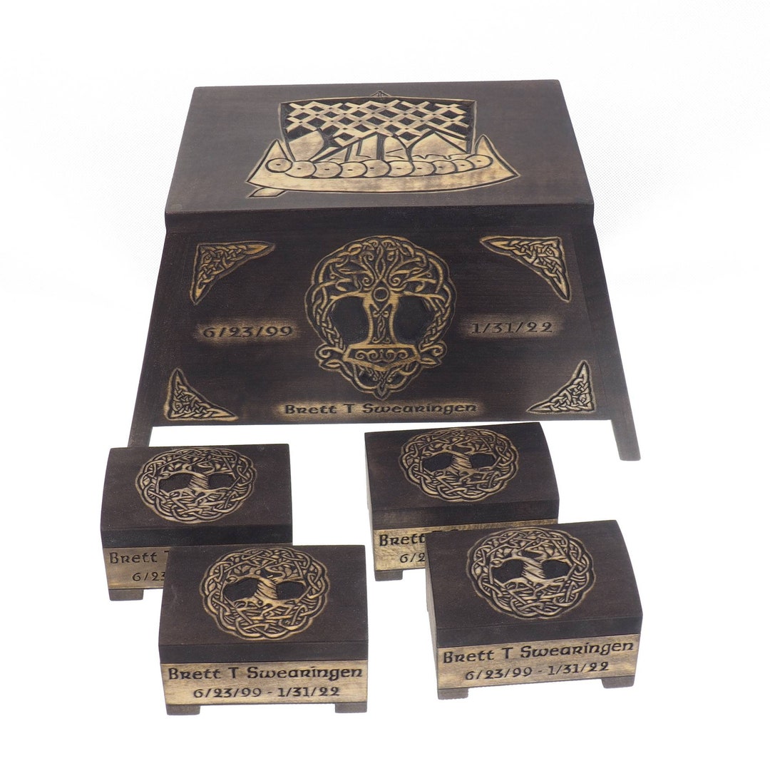 Viking Personalized Wood Urn With Yggdrasil and Set of Memory Boxes ...