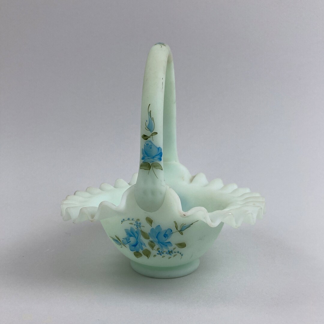 Fenton Glass Blue Roses on Blue Satin Handled Basket Hand Painted and ...