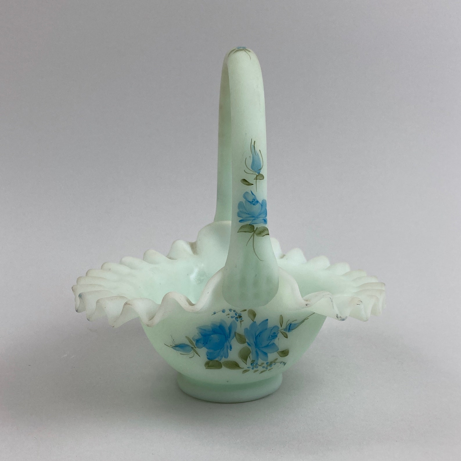 Fenton Glass Blue Roses on Blue Satin Handled Basket Hand - Etsy