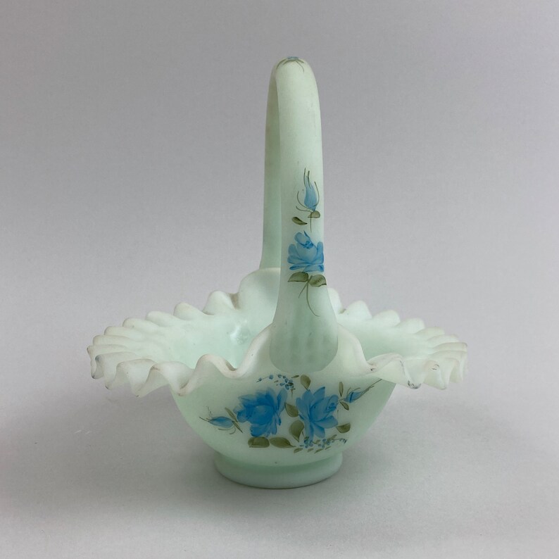Fenton Glass Blue Roses on Blue Satin Handled Basket Hand - Etsy