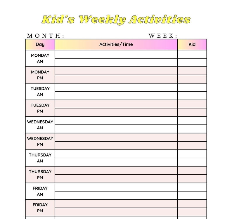 Printable Kid's Weekly Schedule - Etsy Canada