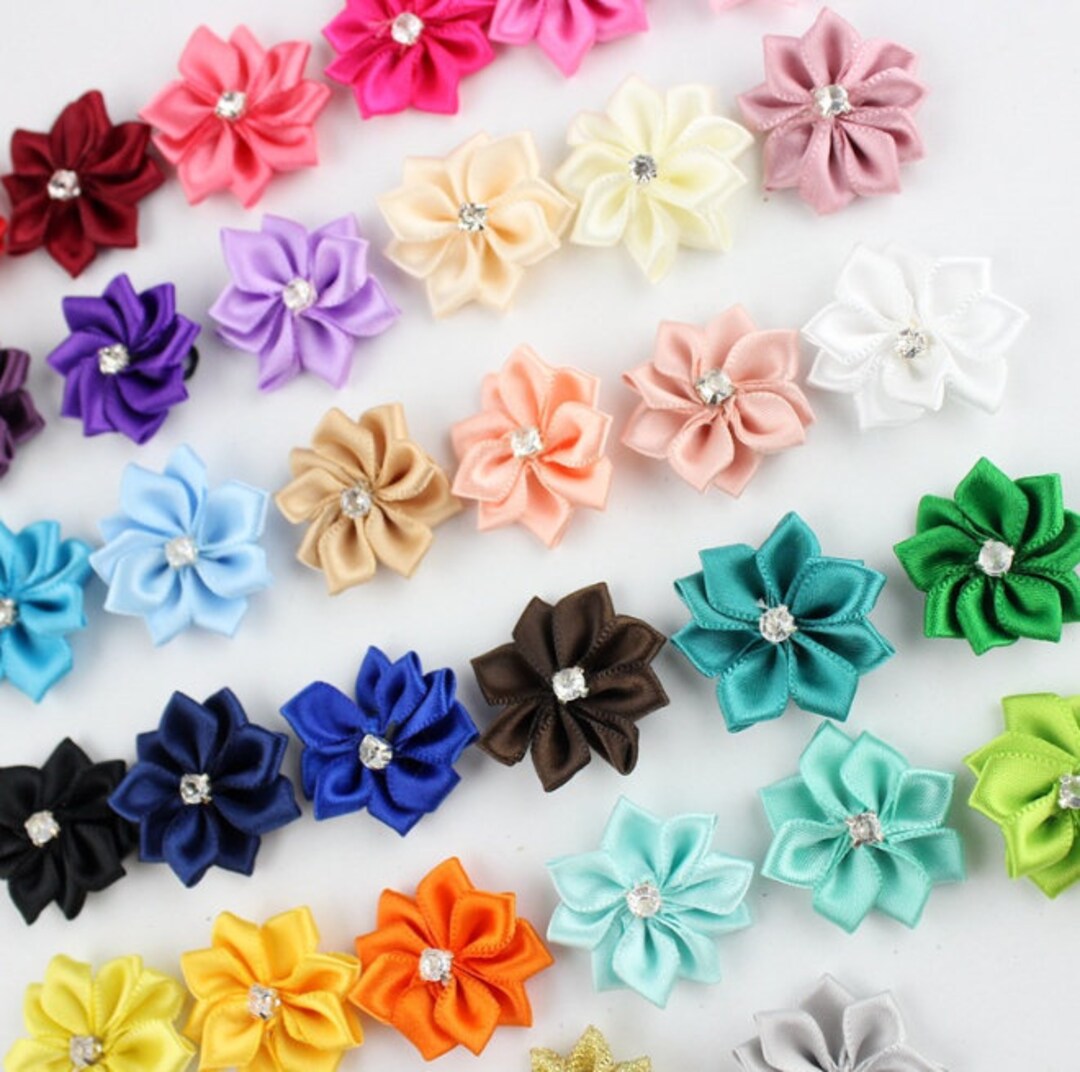 1“satin Flowers With Rhinestone ,ribbon Bows, Satin Ribbon Flower ...