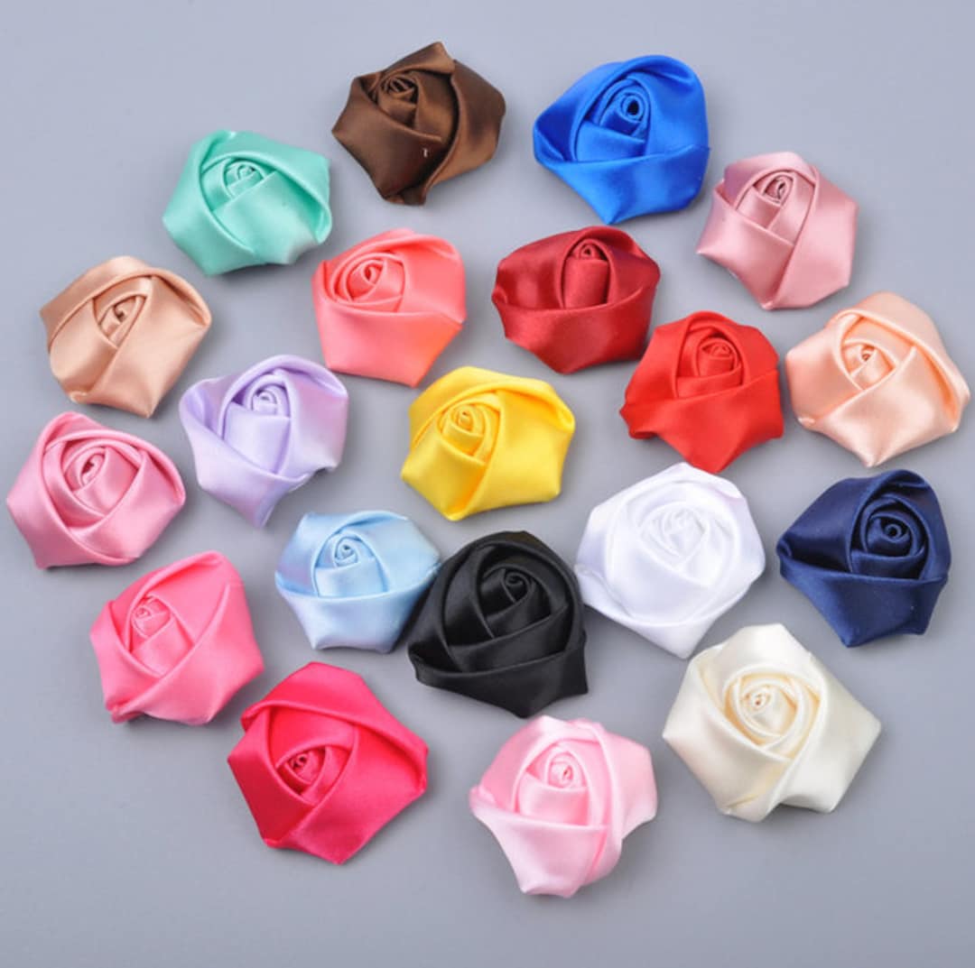 Flat Back Satin Ribbon Rose Flower for Hair Accessories Handmade Rolled ...