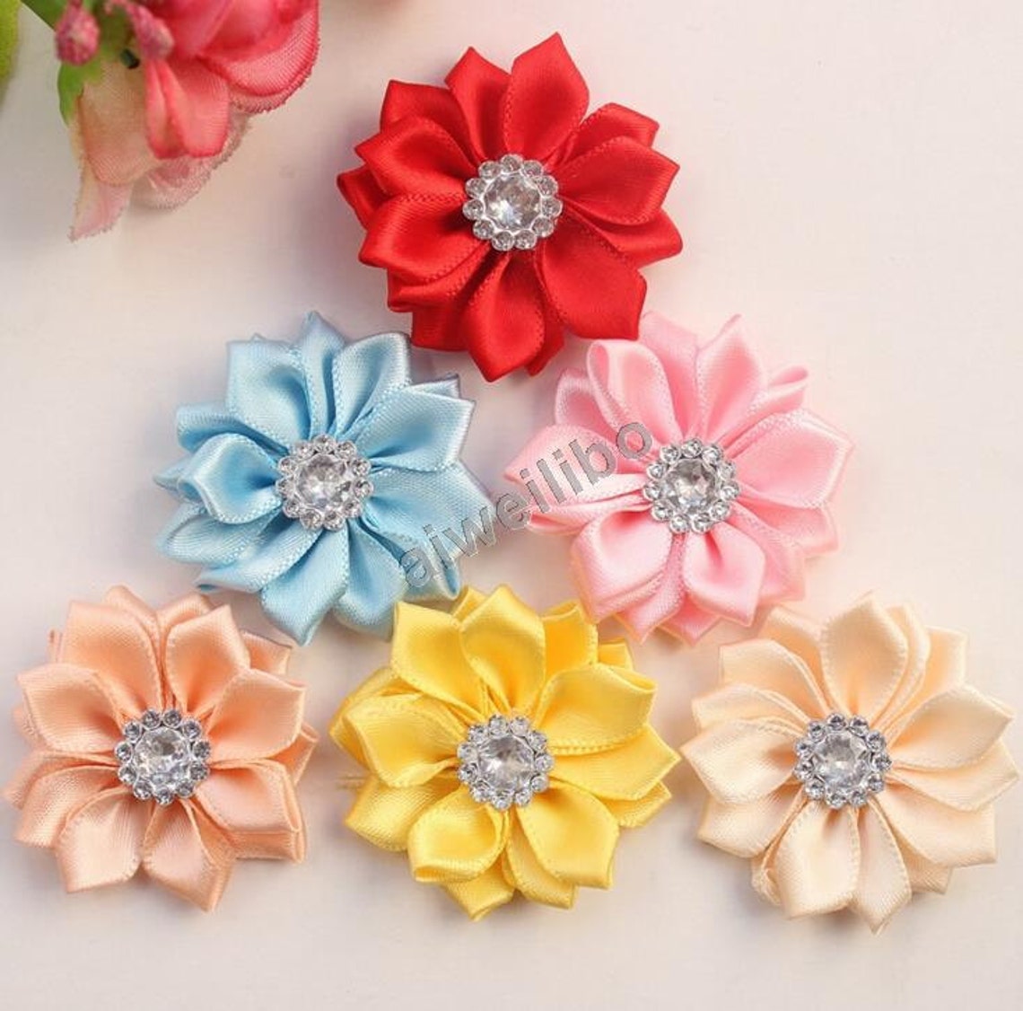 Satin Ribbon Flower With Rhinestone DIY Multilayers Flower | Etsy