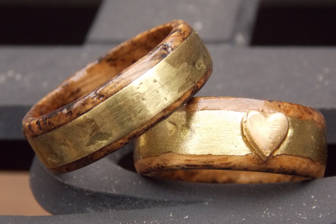 Men's or Woman's Whiskey Barrel Staves Charred Oak Wood Ring Brass and ...