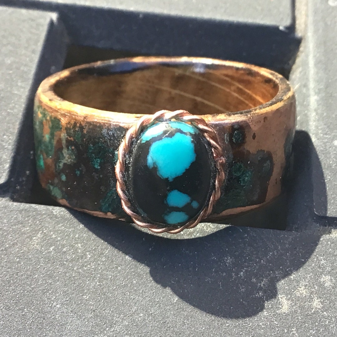 Whiskey Barrel Staves Oak Wood Ring Turquoise Cabochon Ring Size 11 1/2 ...