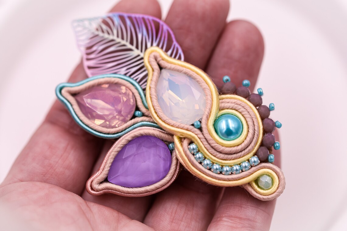 Boho Style Soutache Brooch With Colorful Crystals and Leaf Motif ∙ ...