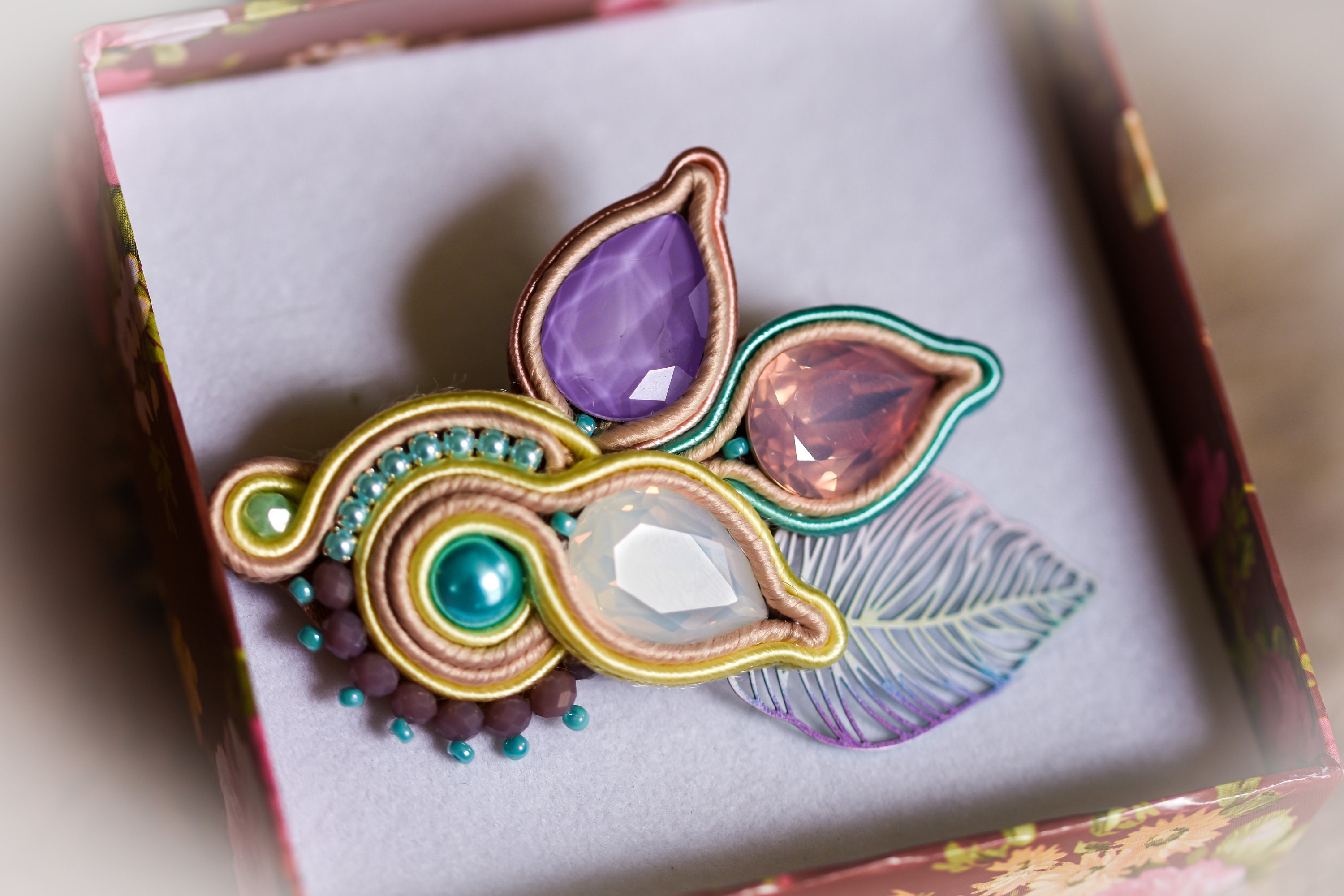 Boho Style Soutache Brooch With Colorful Crystals and Leaf Motif ∙ ...