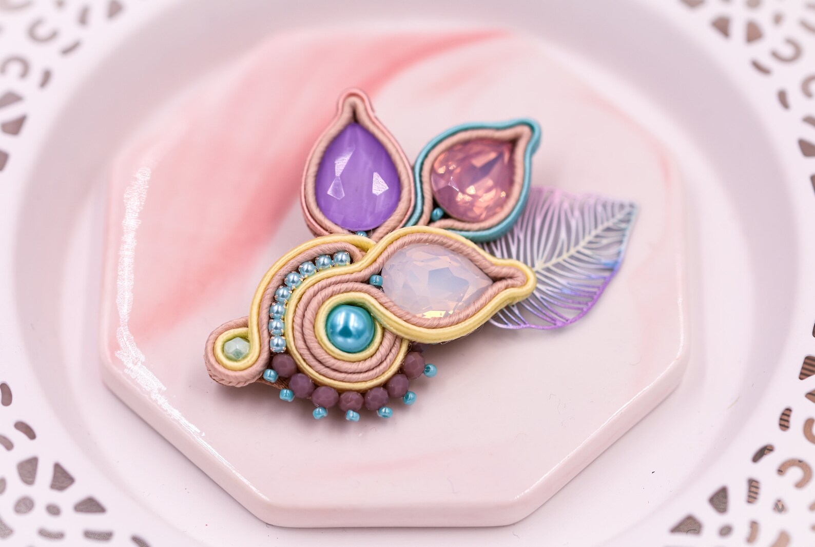 Boho Style Soutache Brooch With Colorful Crystals and Leaf Motif ∙ ...