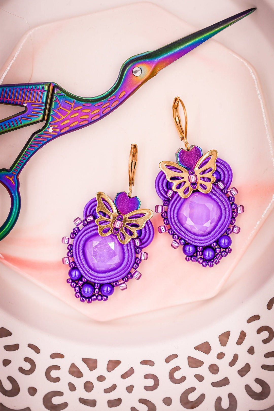 Soutache Butterfly Drop Earrings Purple Heart Design - Etsy