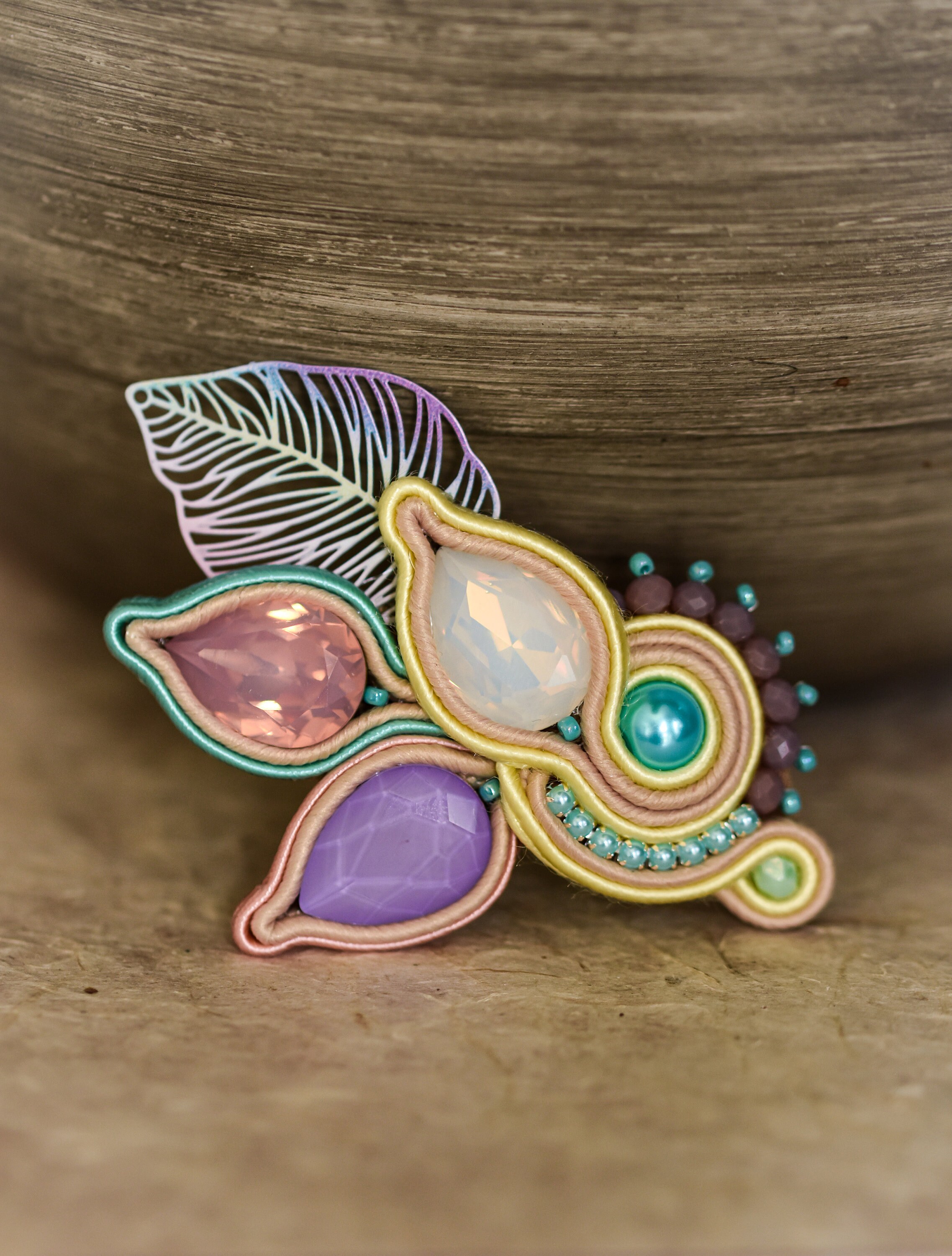 Boho Style Soutache Brooch With Colorful Crystals and Leaf Motif ∙ ...