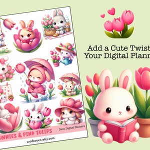 KAWAII DIGITAL PLANNER Stickers | Bunnies and Pink Tulips | Deco Set ...