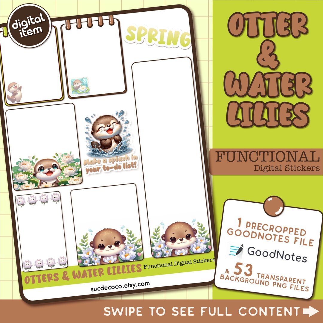 KAWAII DIGITAL PLANNER Stickers | Otters and Water Lilies | Functional ...