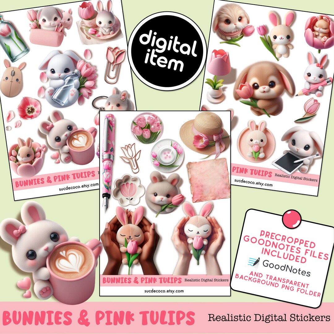 CUTE DIGITAL PLANNER Stickers | Bunnies and Pink Tulips | Realistic Set ...