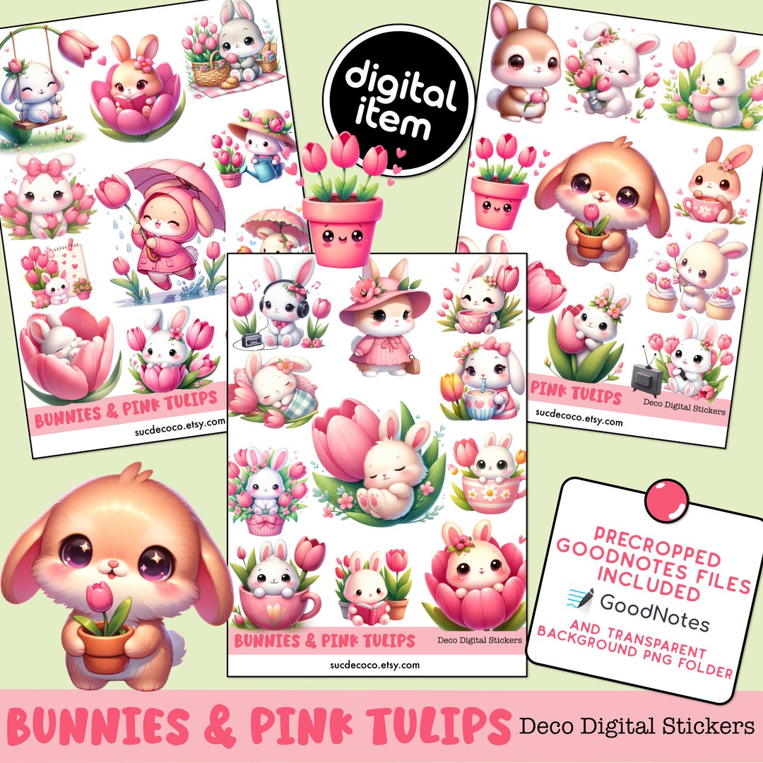 KAWAII DIGITAL PLANNER Stickers | Bunnies and Pink Tulips | Deco Set ...