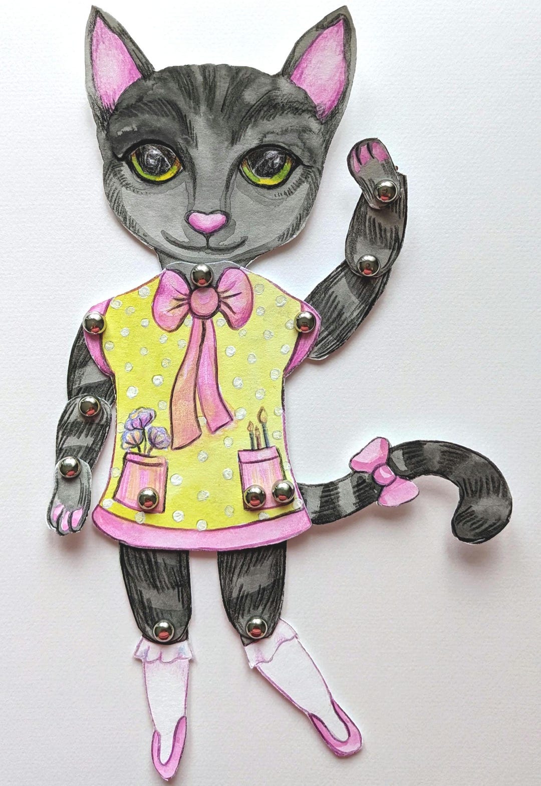 Articulated Paper Doll Cat Kitty, Marionette, Jointed Puppet, by Elena ...