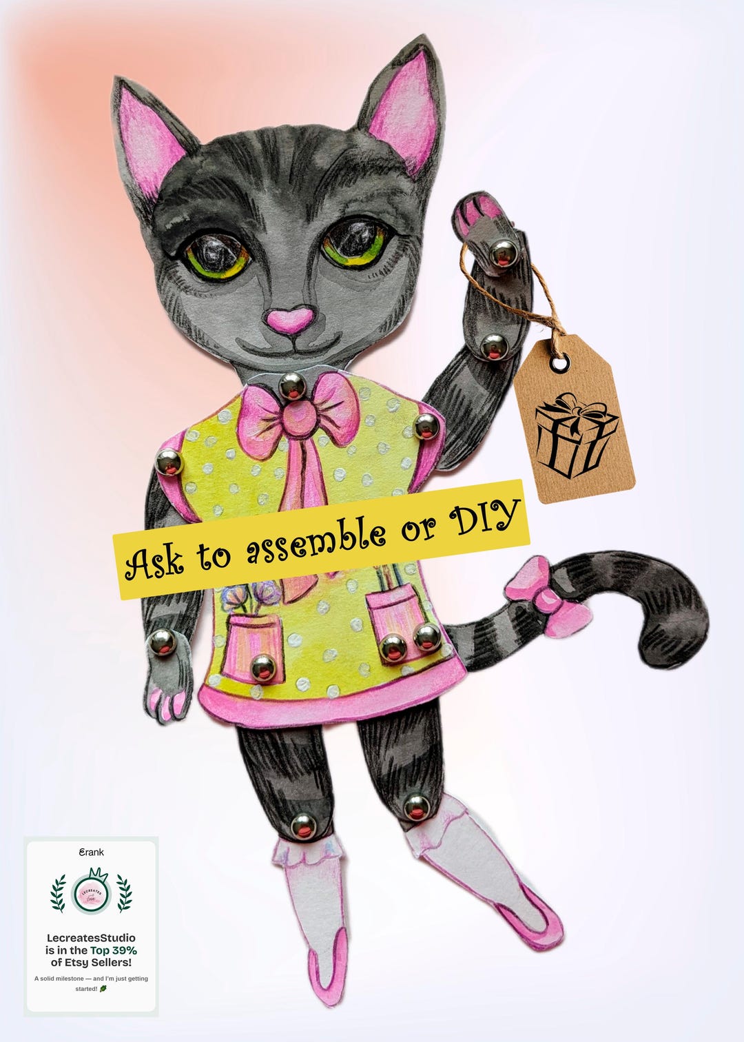 Articulated Animal Paper Doll Cat Kitty, Marionette, Jointed Puppet ...