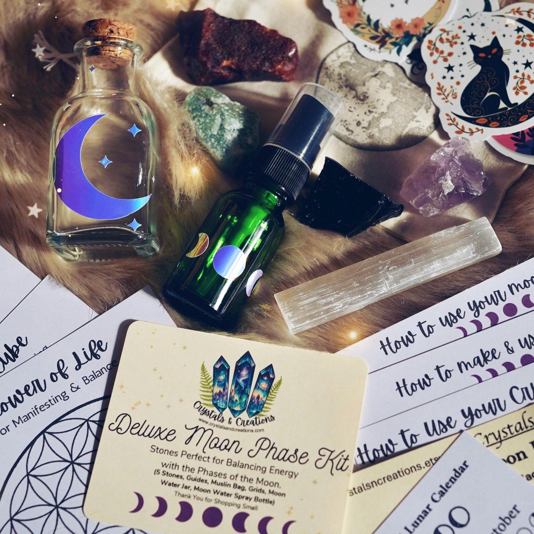 Moon Phase Crystal Set With Moon Water Jars and Grids: Lunar Balance ...