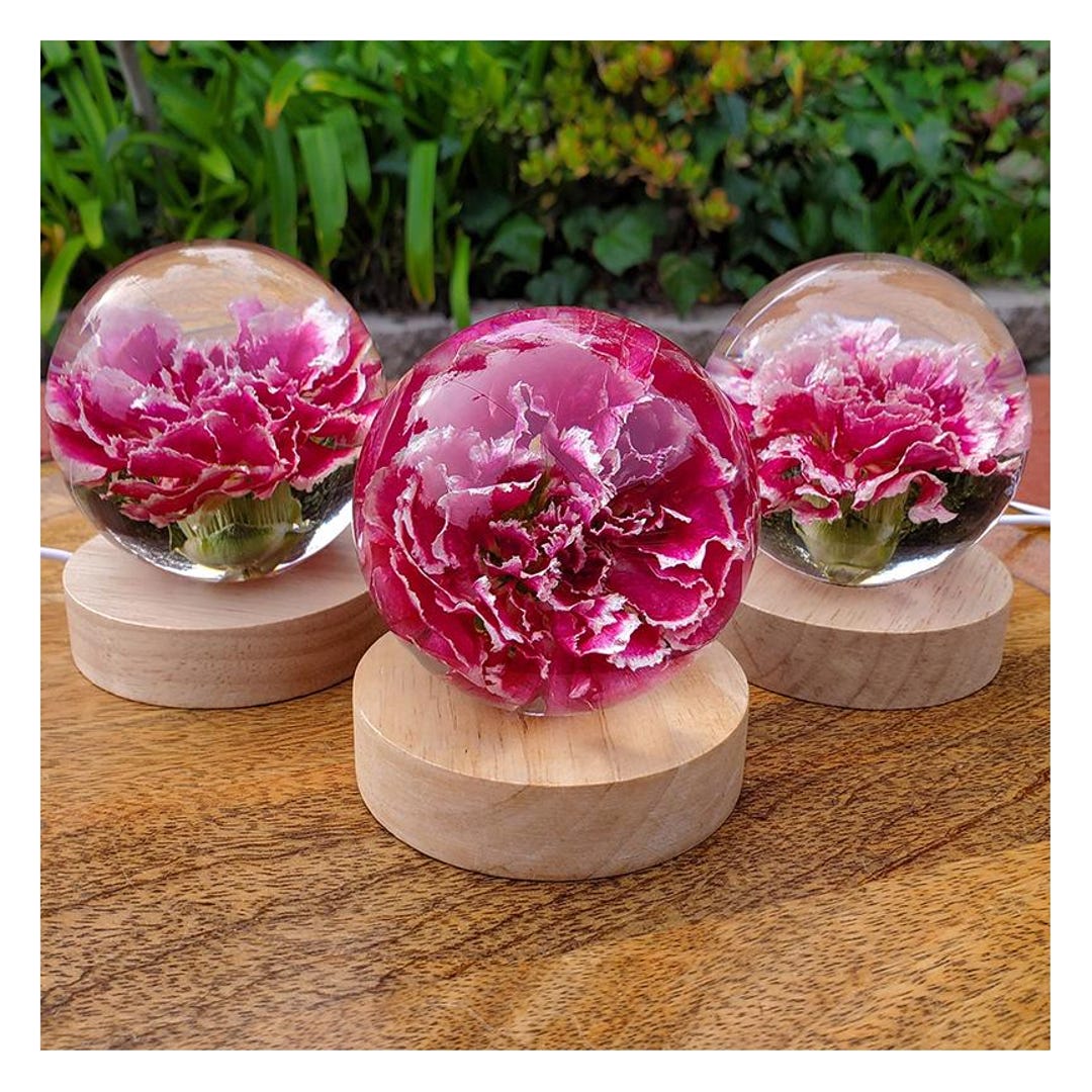Pink Carnation Resin Sphere With Light Base Handmade Resin Craft With ...