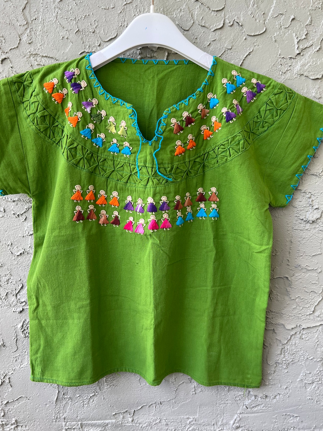 Guatemalan Hand Woven Blouse With Embroidered Sewn Figures/green With ...