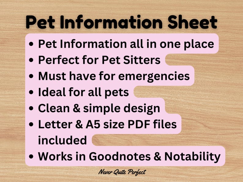 Pet Information Sheet - Digital PDF Printable - Works in Notability and ...