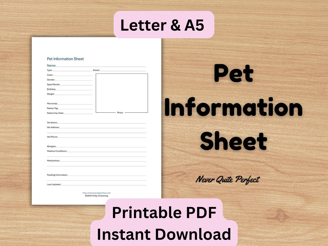 Pet Information Sheet - Digital PDF Printable - Works in Notability and ...