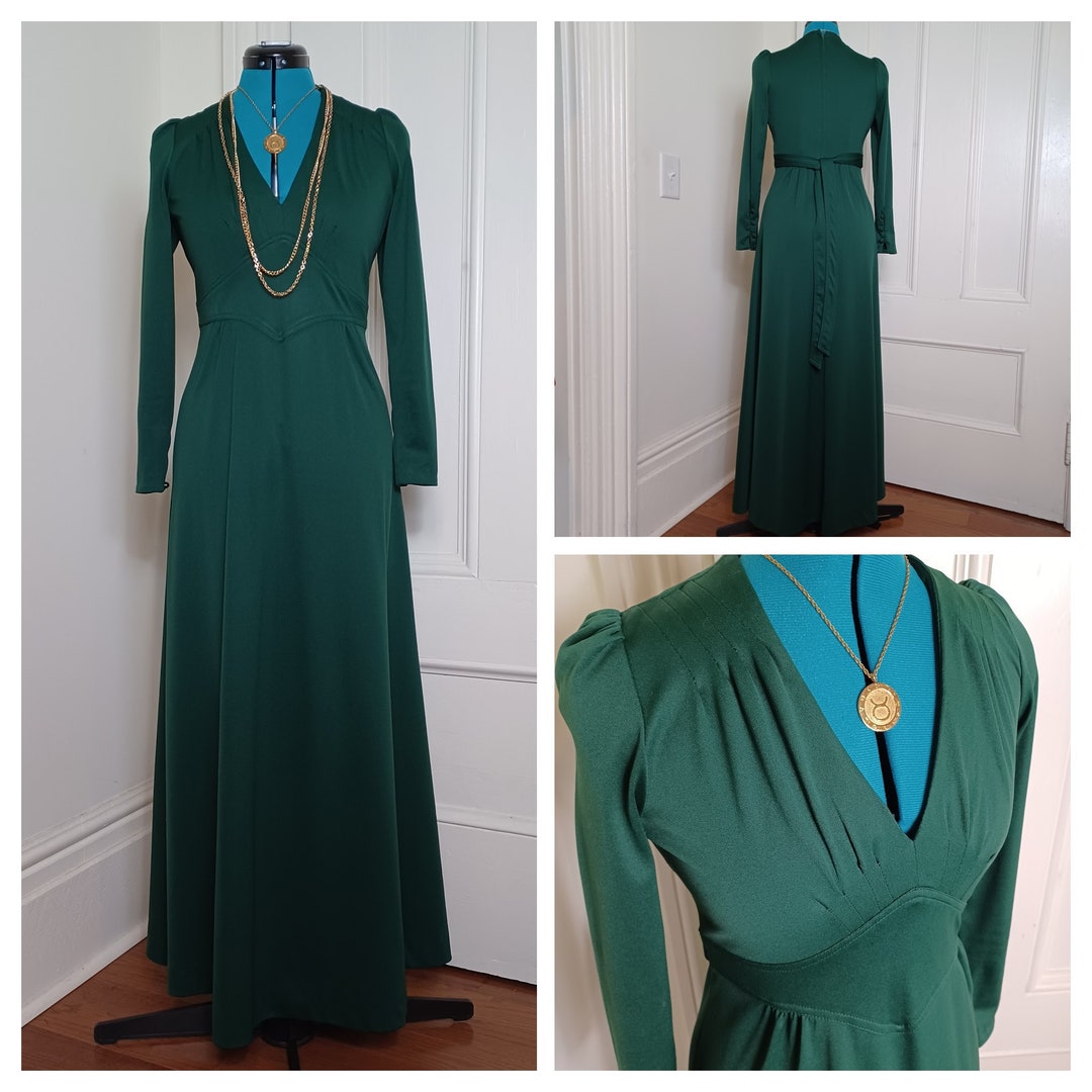 1970s Forest Green Polyester Maxi Dress With Tie Back and Button ...