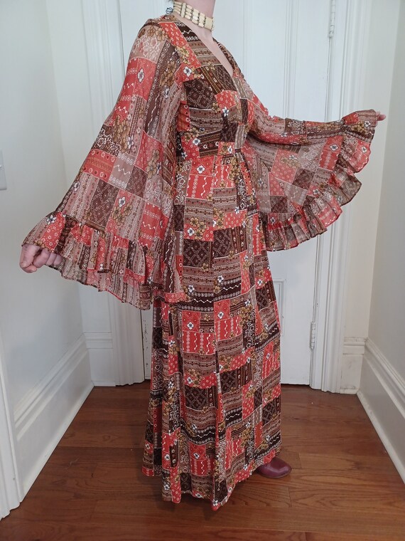 1970s Angel Sleeve Maxi Dress in Browns and Orange - … - Gem