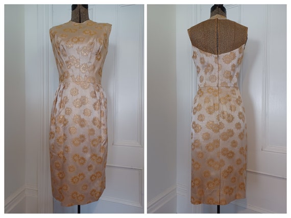 1950s Gold Cocktail Dress With Illusion Mesh Back … Gem