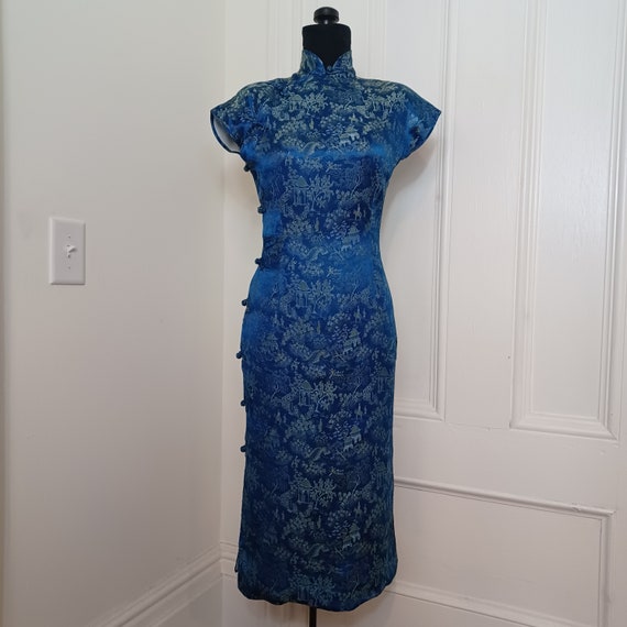 1960s Blue Brocade Cheongsam / Quipao Dress - "Made i… - Gem
