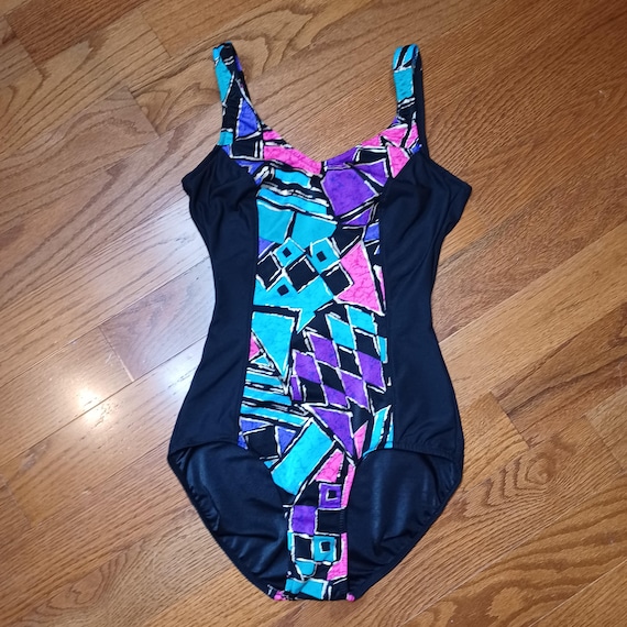 1980s One-piece Swimsuit with Neon and Gold Front Pan… - Gem