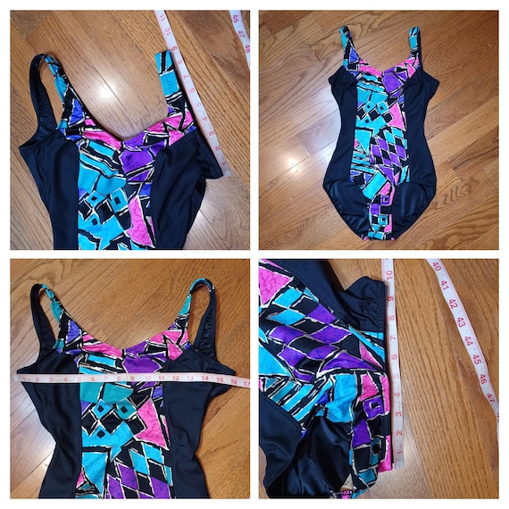 1980s One-piece Swimsuit with Neon and Gold Front Pan… - Gem