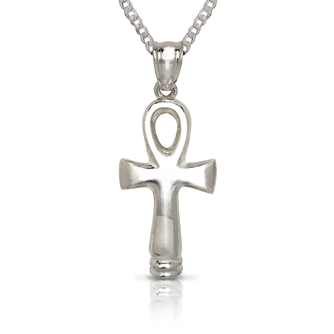 925 Sterling Silver Smooth Ankh Pendant W. Cuban Chain Set made in USA ...