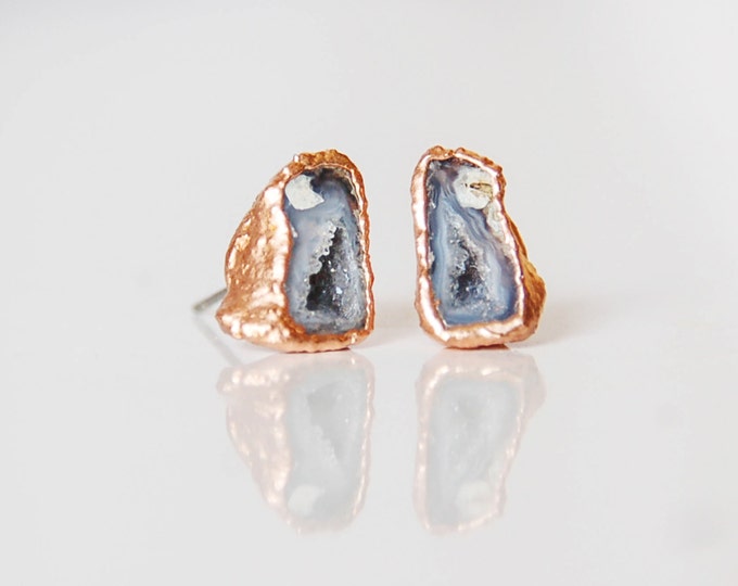 Blue Gray Geode Earring Druzy Earrings Studs Copper - Etsy